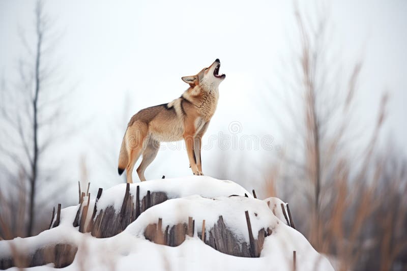 Alpha Wolf Howling on Mound with Winter Trees Behind Stock Illustration ...