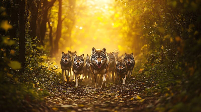 Alpha Wolf Leading Its Pack through a Dense Sunlit Forest Stock Photo ...