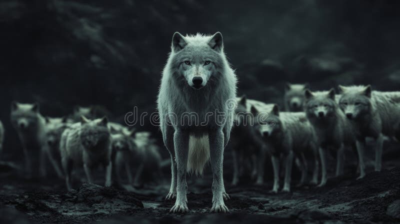 The Alpha Wolf Pack Leader is at the Forefront, Its Silver Coat Glowing ...