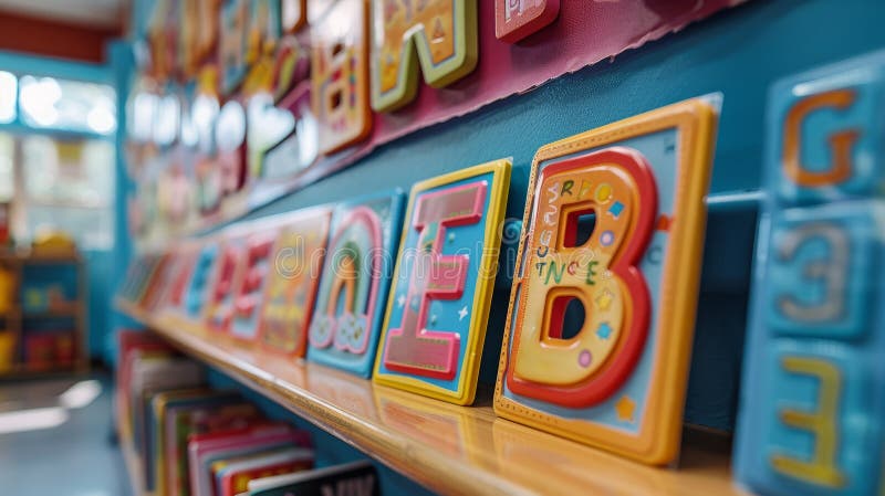 Alphabet Blocks on a Shelf in a Classroom Stock Image - Image of ...