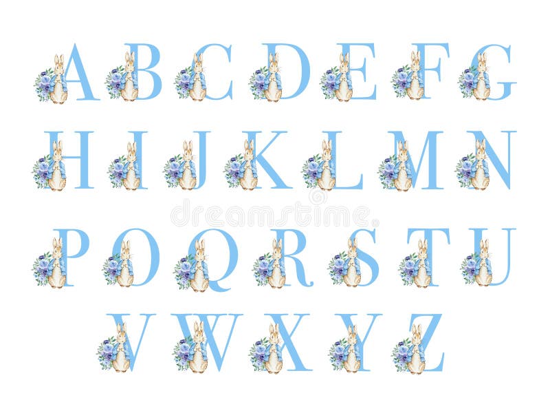 Alphabet Blue With Watercolor Cute Rabbit With Flowers Stock Vector