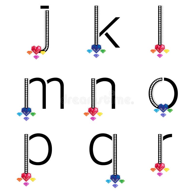 Black JKL Lowercase Letters with Diamond and Colorful Gems. Characters ...