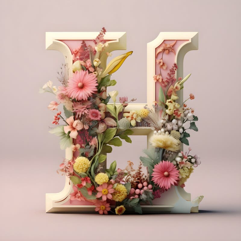 Alphabet Letter H Decorated with Flowers on Black Background. 3D ...