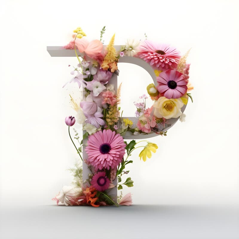 Alphabet Letter P Decorated with Flowers on Black Background. 3D ...