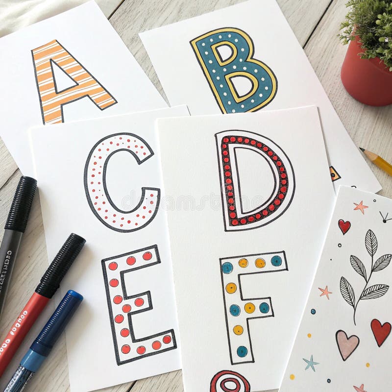 Alphabet Letters a-F on White Paper Ready for Coloring Stock Photo ...