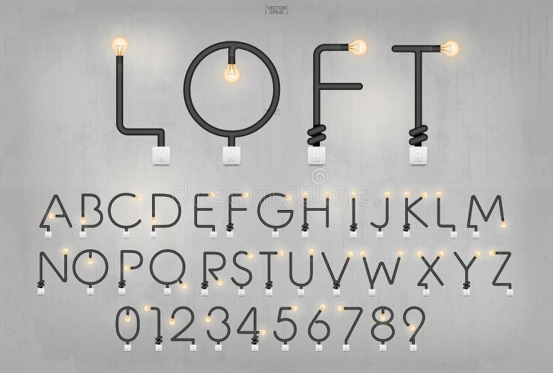 Alphabet Letters and Numbers in Loft Style. Abstract Alphabet of Light ...