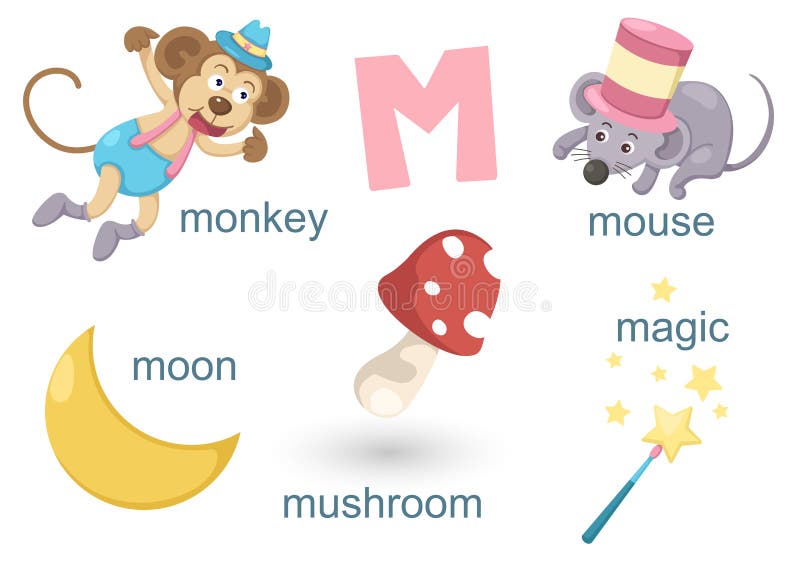 Letter M. Cartoon Alphabet for Children. Monkey, Mouse, Mushroom Stock ...