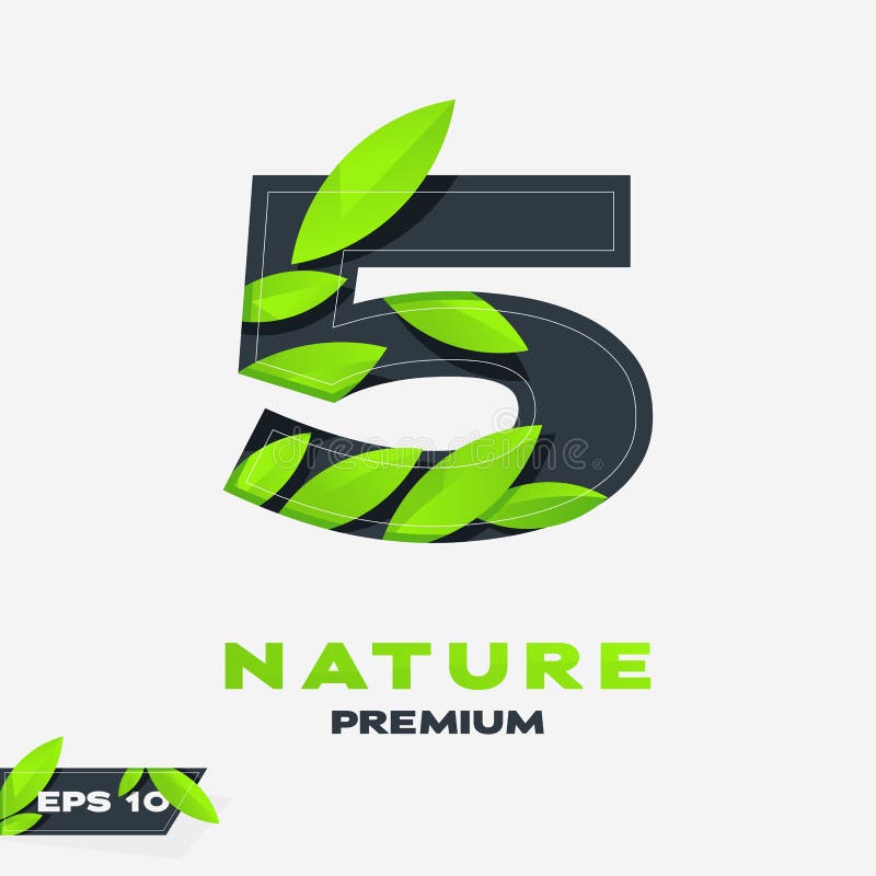 Natural Number 5 Logo with Green Leaves. Stock Illustration ...