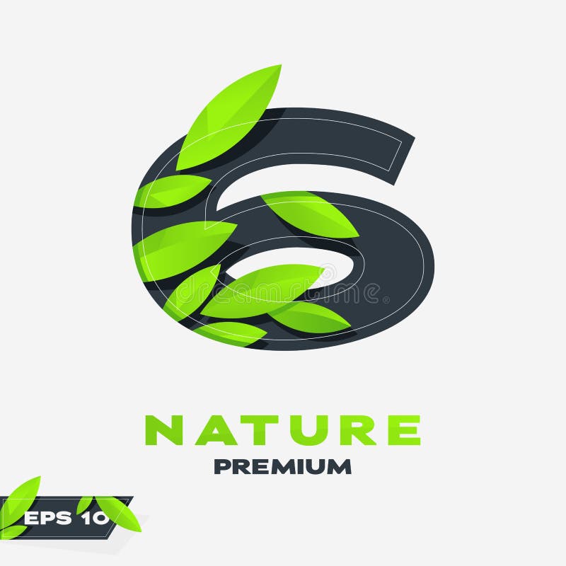 Natural Number 6 Logo with Green Leaves. Stock Illustration ...