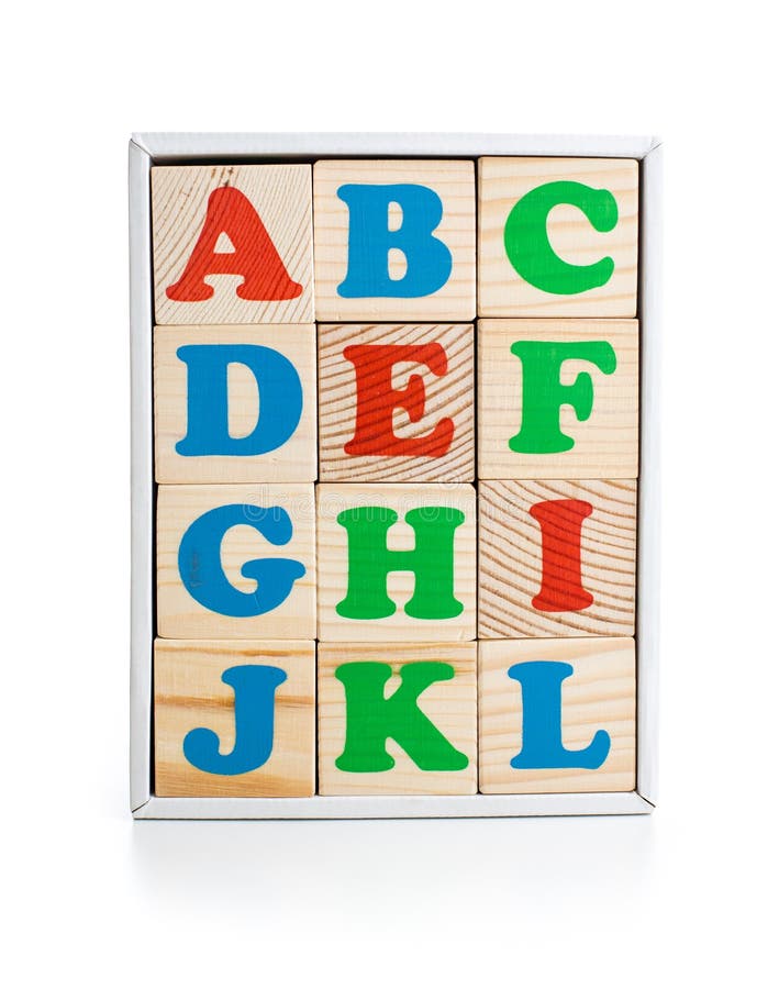 Alphabet Wood Bricks in Box Isolated on White Stock Photo - Image of ...