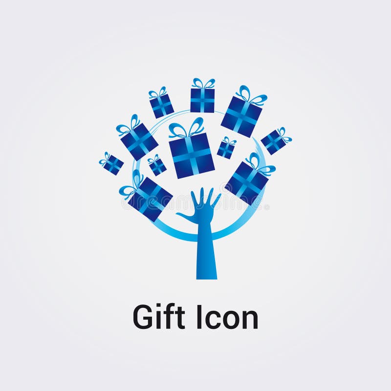 Gift Icon with Hand Blue Vector Illustration, Gift Boxes Happy Birthday ...