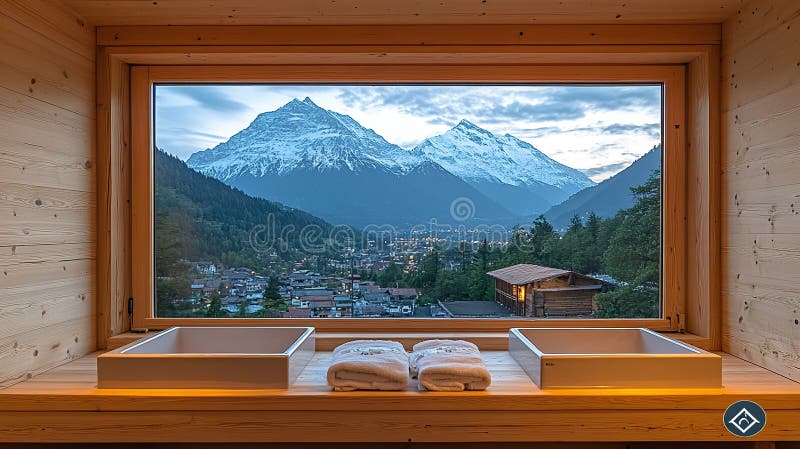 Alpine Bathroom Window View of Mountain Town at Dawn Stock Illustration ...
