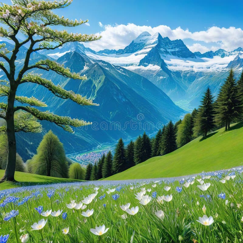Alpine Blooming Spring Plants and Mountains on the Stock Illustration ...
