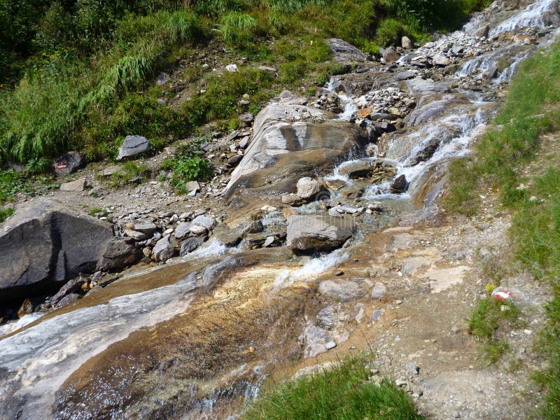 Alpine Creek Falling Down the Rock Stock Photo - Image of park, meadow ...