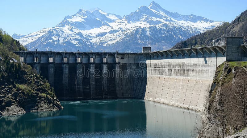 Alpine Dam Reservoir, Mountain Backdrop, Hydroelectric Power Stock ...