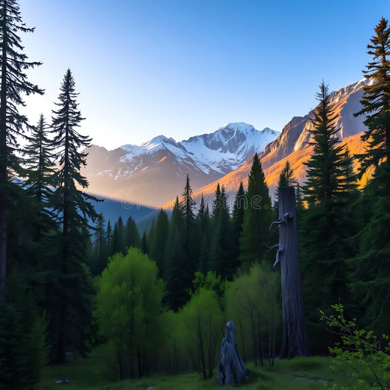Alpine Forest in Spring with Snow-Capped Peaks Stock Illustration ...