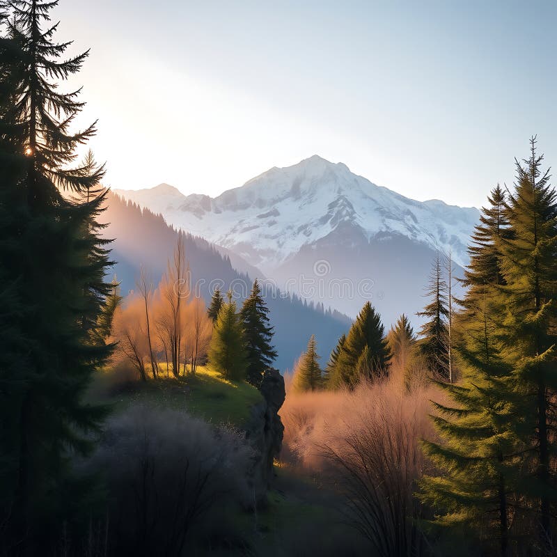 Alpine Forest in Spring with Snow-Capped Peaks Stock Illustration ...