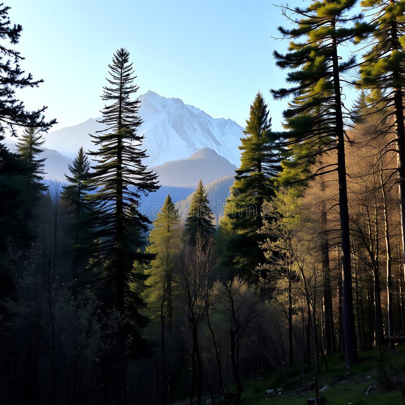 Alpine Forest in Spring with Snow-Capped Peaks Stock Illustration ...