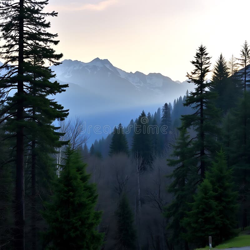 Alpine Forest in Spring with Snow-Capped Peaks Stock Illustration ...