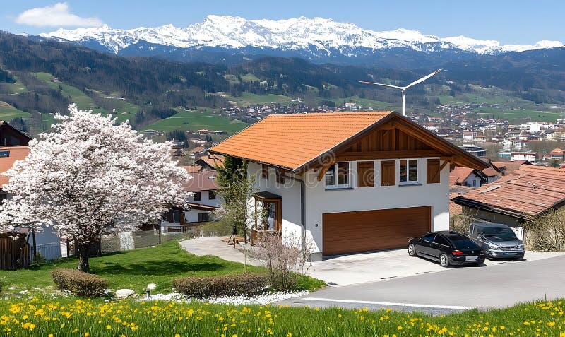 Alpine House with Cherry Blossoms Stock Illustration - Illustration of ...