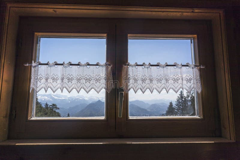Alpine Hut Window with Mountain View Panorama Stock Image - Image of ...