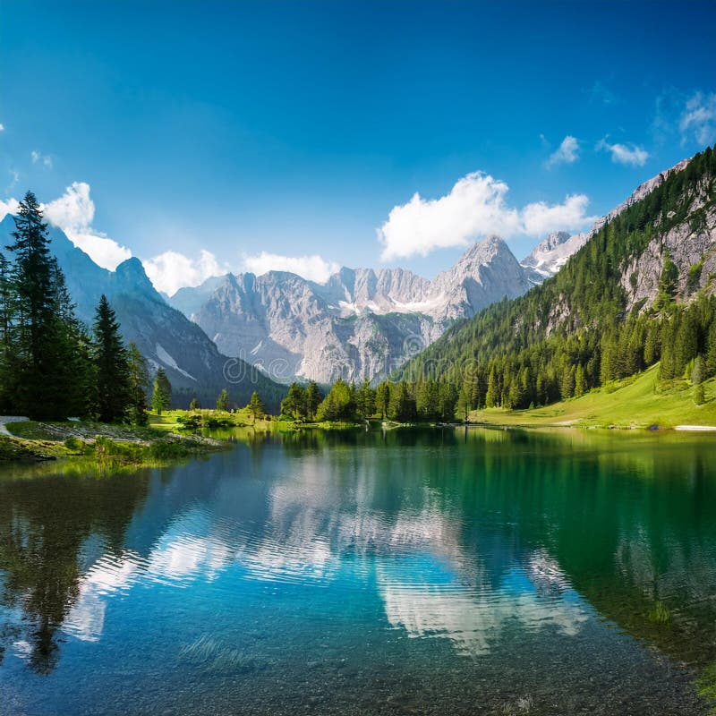Alpine lake, AI generated stock illustration. Illustration of lake ...