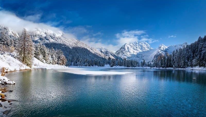 Alpine lake, AI generated stock illustration. Illustration of landscape ...