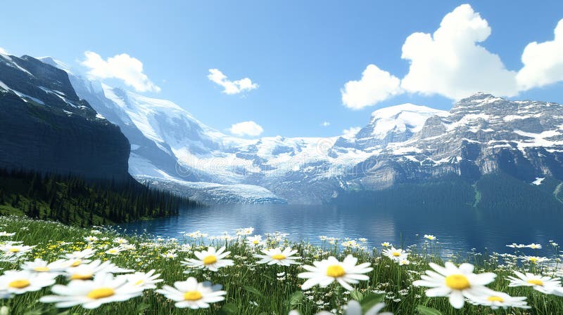 Alpine Lake Daisies, Mountain Backdrop, Scenic Postcard Stock Photo ...
