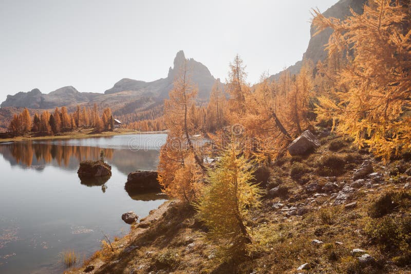 An Alpine Lake among the Dolomites with Reflection Stock Photo - Image ...