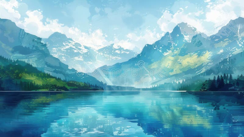 Alpine Lake Flat Design Top View Serene Theme Pixel Art Water Color ...