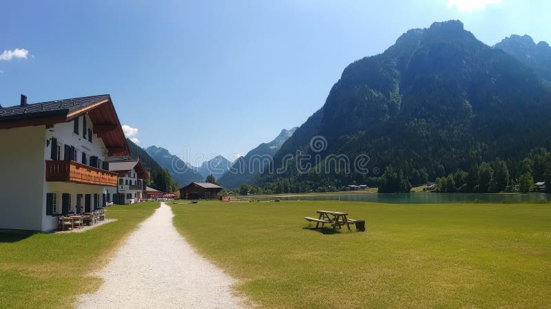 Alpine Lake Retreat Mountains, Chalets, and Serene Greenery Stock Image ...