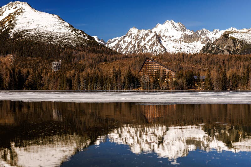 Alpine Lake with a Snowy Mountain Backdrop. Stock Photo - Image of ...