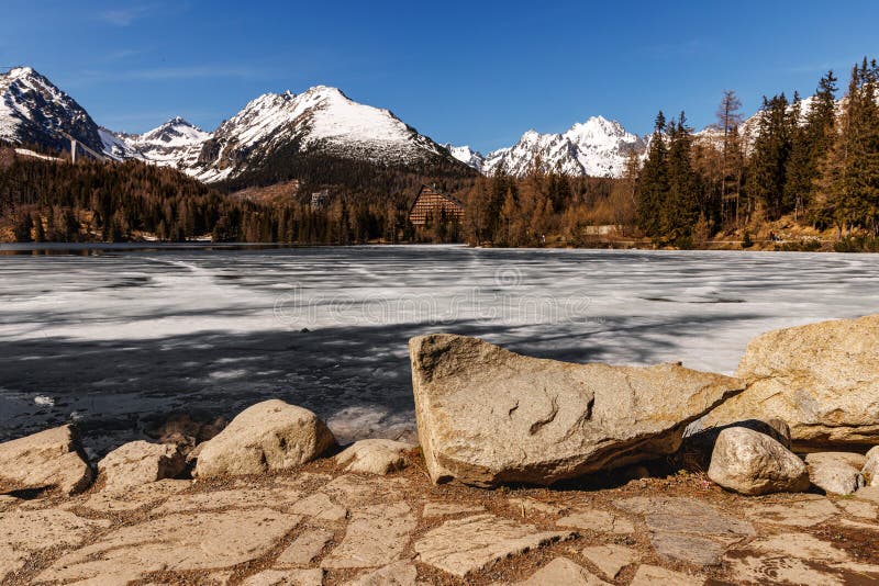 Alpine Lake with a Snowy Mountain Backdrop. Stock Photo - Image of ...
