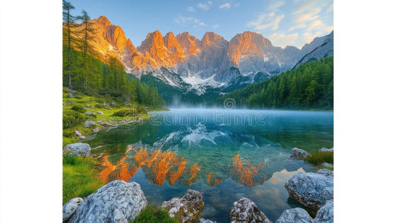 Beautiful Alpine Lake Sunrise Reflection Stock Illustration ...