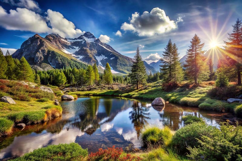 Alpine Lake Sunrise Reflection Mountains Stock Illustration ...