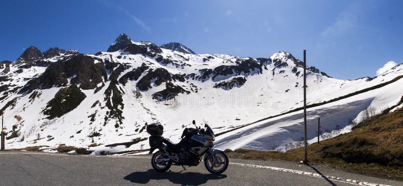 Alpine Landscape and Parked Motorcycle Stock Photo - Image of grigioni ...