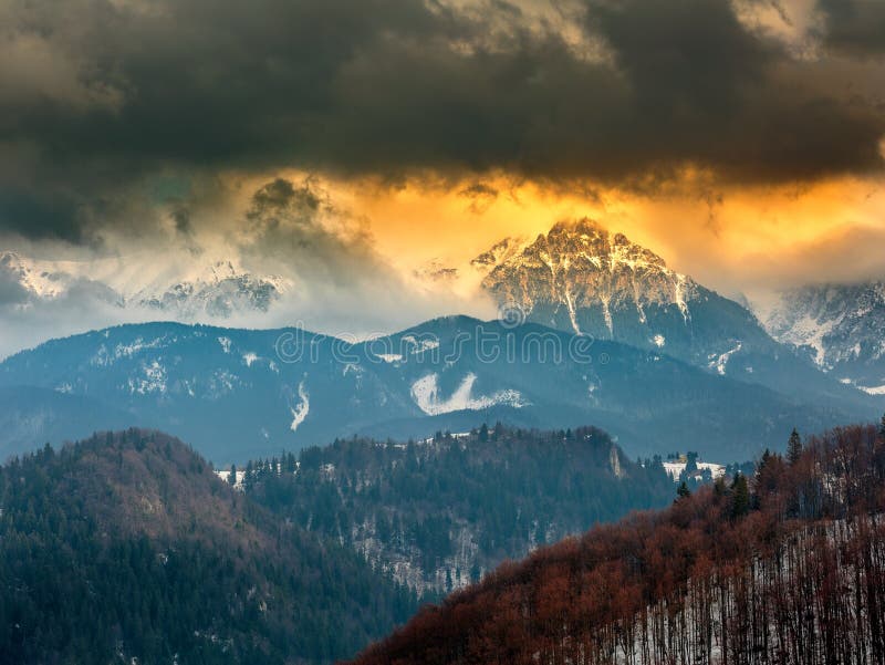 Alpine landscape at sunset stock photo. Image of dawn - 87845932
