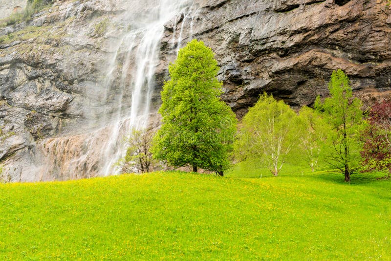 Alpine Landscape with a Waterfall Stock Photo - Image of view, stream ...
