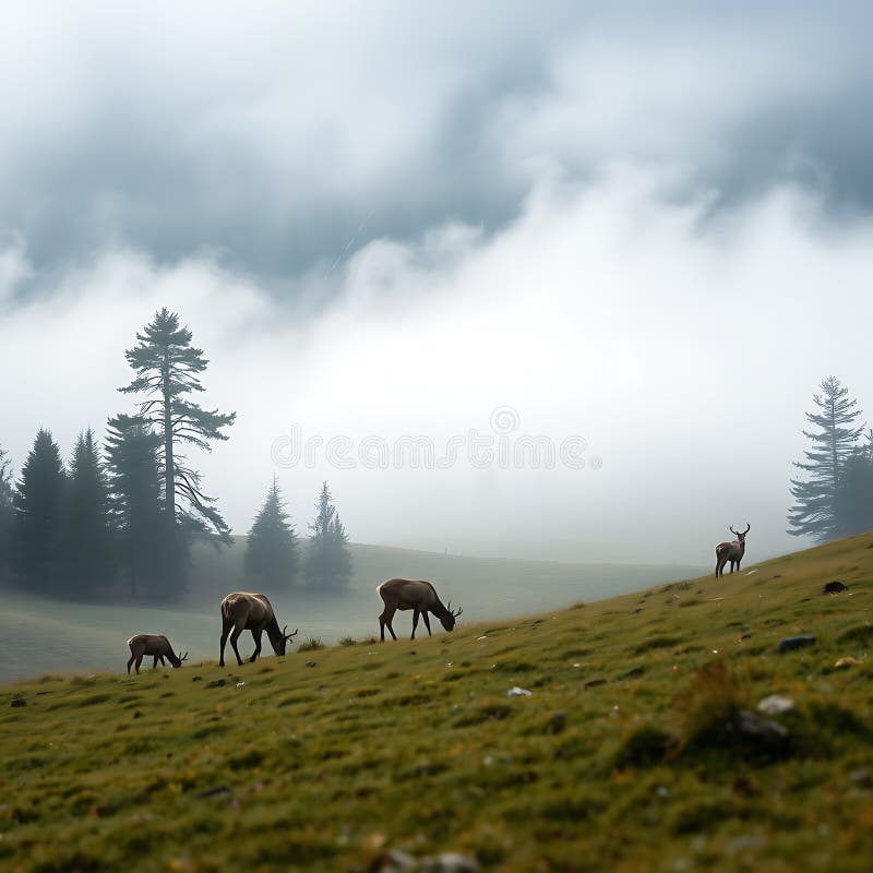 Alpine Meadow with Grazing Deer in Mist Stock Illustration ...