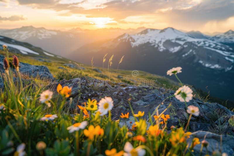 Alpine Meadow at Sunset with Blooming Wildflowers Overlooking Mountain ...