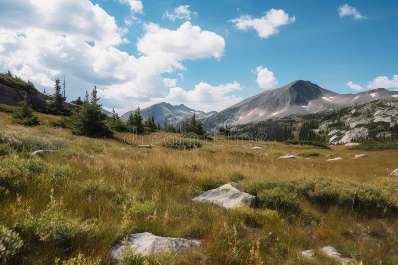 Alpine Meadow, with View of Distant Peaks and Blue Sky Stock ...