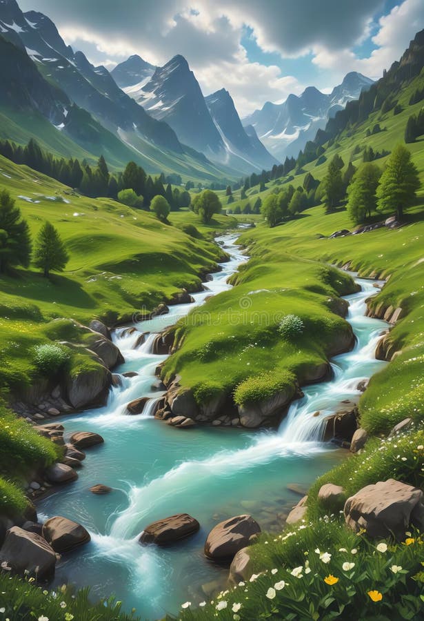 Alpine Meadows Background with Fantasy River Atmosphere Stock ...