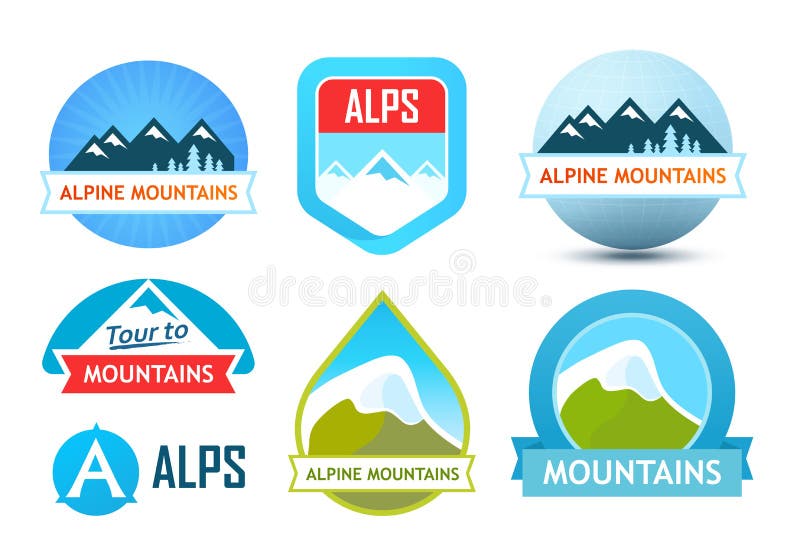 Alpine Mountains Emblem stock vector. Illustration of ribbon - 84548558