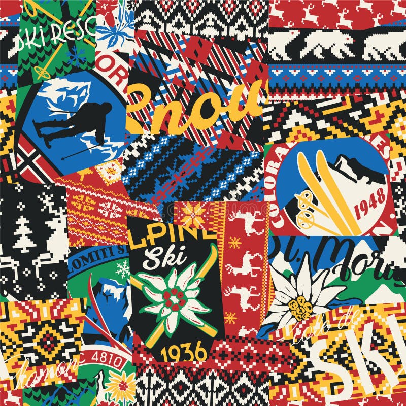 Alpine Ski Badges with Nordic Jacquard Knitted Patchwork Stock Vector ...