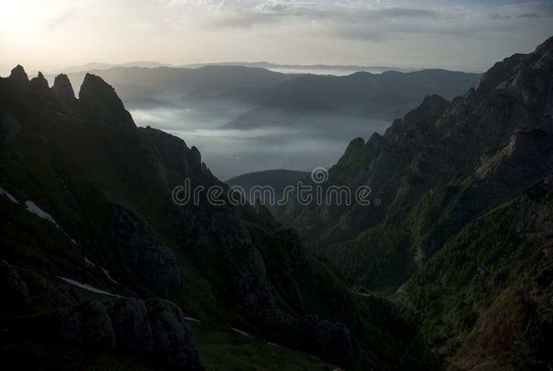 Alpine Valley and High Mountain Peaks at Sunrise Stock Image - Image of ...