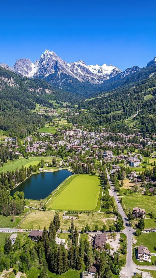 Alpine Village Aerial View stock illustration. Illustration of valley ...