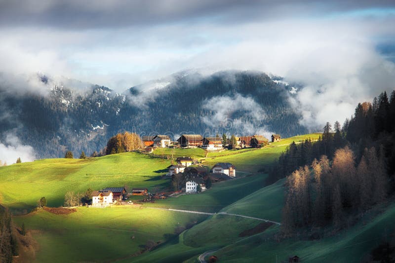 Alpine Village in Dolomites Mountains Stock Photo - Image of summer ...
