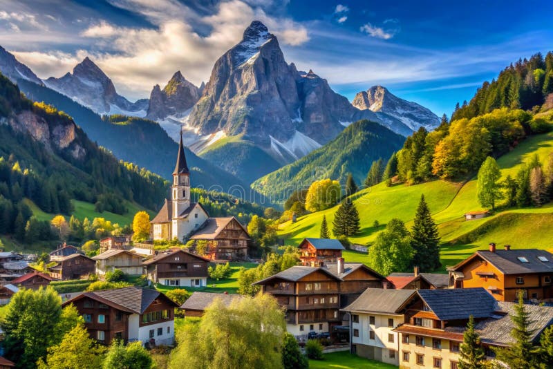Alpine Village Nestled in a Valley with Towering Peaks Stock ...
