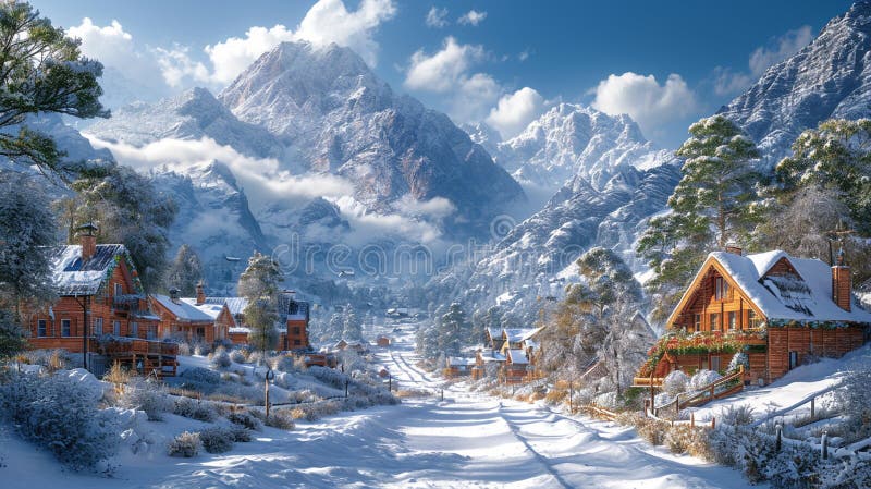 Alpine Village and Snowy Mountains Stock Illustration - Illustration of ...