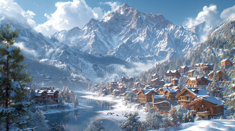 Alpine Village and Snowy Mountains Stock Illustration - Illustration of ...